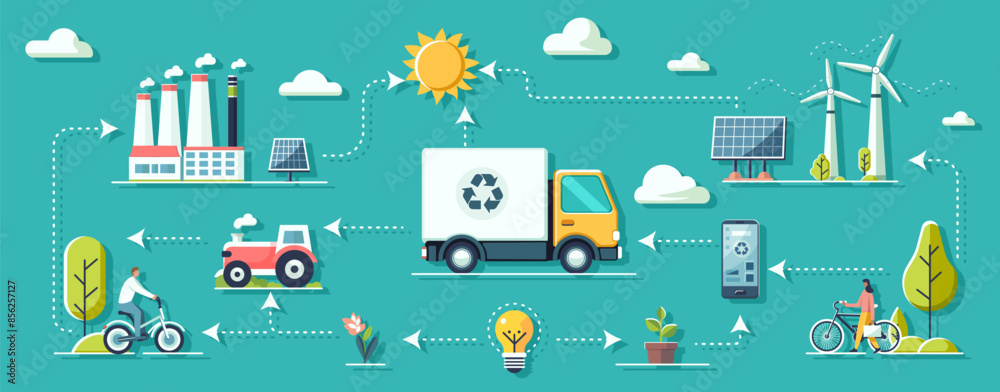 Illustrative infographic of recycling and renewable energy processes on ...