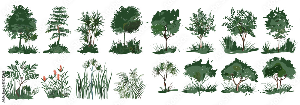 Watercolor vector illustration of bush and shrub, minimal style tree ...
