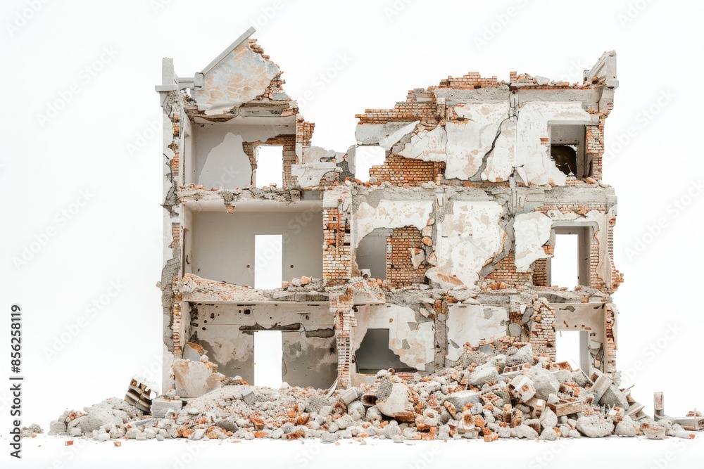 Partially demolished building with exposed walls and debris ...