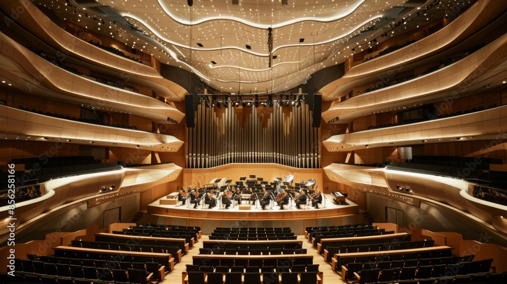 This is a photograph of the interior of a concert hall, featuring a ...