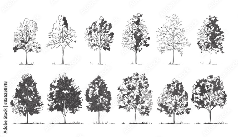 Vector illustration, group of trees line drawing, side view set of ...