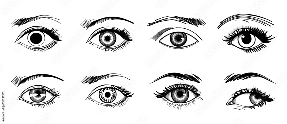 Eye icons, open and closed eyes images, sleeping eye shapes with ...