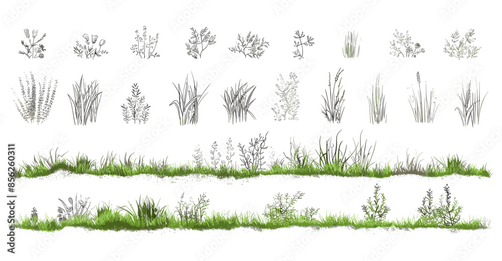 Grass line cad silhouettes set isolated on white background. Ground ...