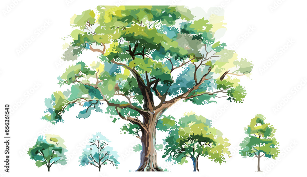 Vector illustration in stroke fill of tree watercolor, side view green ...