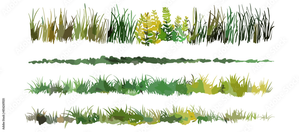 Hand drawn watercolor set of grass line cad and silhouettes isolated on ...