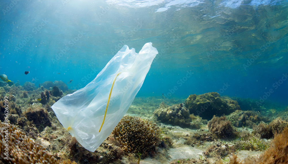 plastic bag at the bottom underwater, problem of water pollution in the ...