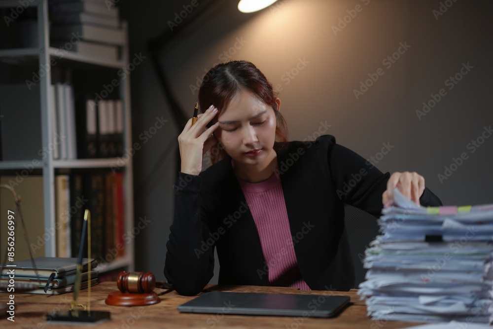 Woman stressed at her office desk with a large stack of papers, working ...