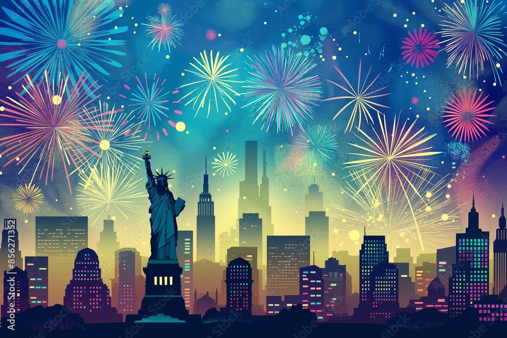 dynamic 4th of July fireworks display over a city skyline, with iconic ...