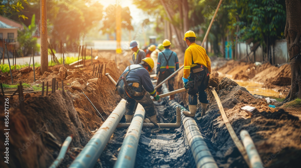 Construction workers laying a large pipeline in an urban area under the ...
