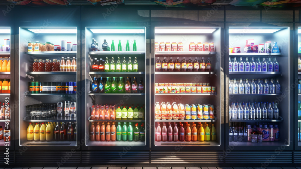 Colorful and vibrant beverage aisle in a supermarket, showcasing an ...