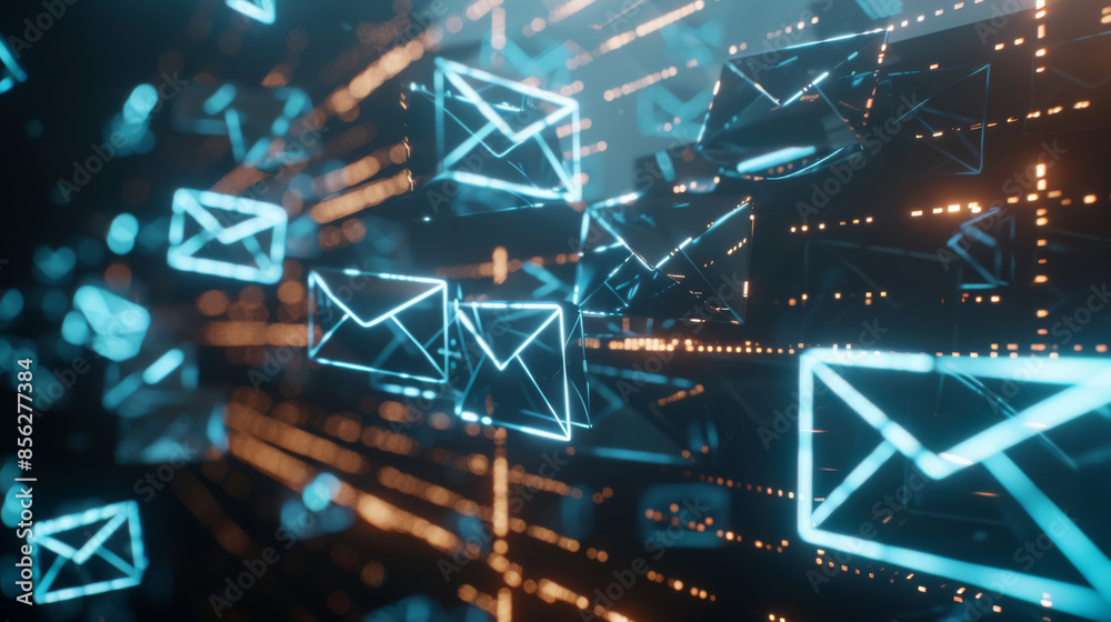 Floating digital envelopes in a dark virtual environment with streaks ...