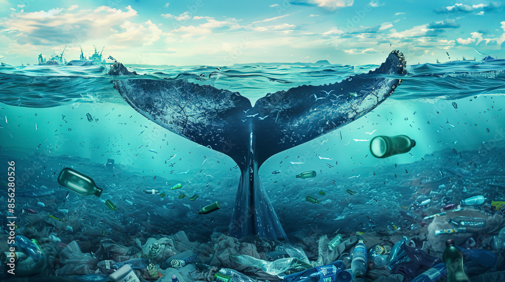 Humpback whale tail in the ocean with plastic bottles and garbage ...