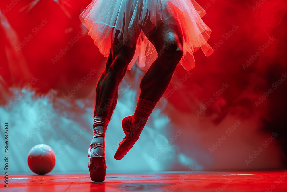 Football soccer ball and hairy legs of male ballet man dancer in women ...