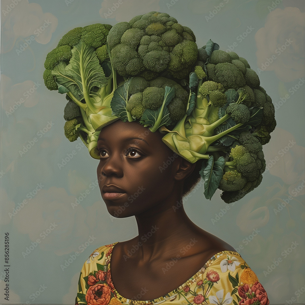 Realistic portrait of African american woman with broccoli. Beautiful ...