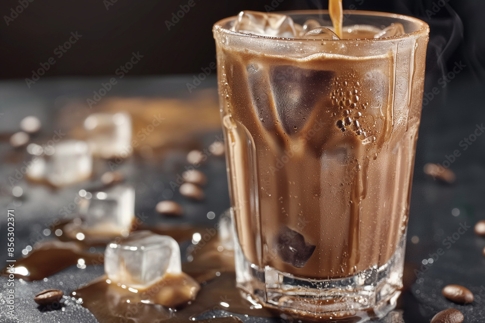 An ultra-realistic image of iced coffee in a tall glass. The glass is ...