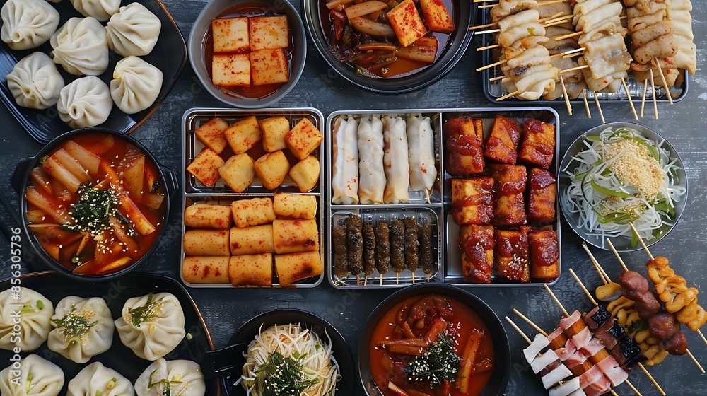 An array of popular Korean street foods like tteokbokki, mandu ...