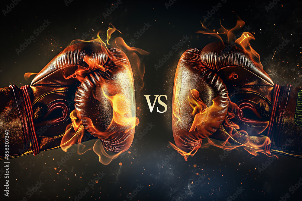 An ultra-realistic wide poster featuring two hot fighting boxing gloves ...