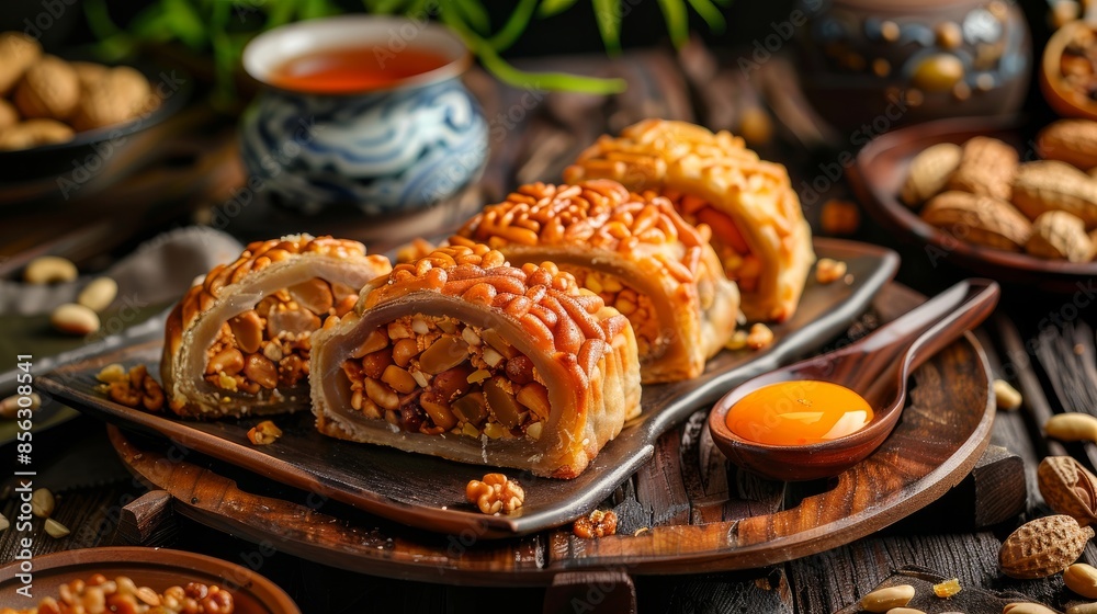 Moon cake with salted egg peanuts: A Chinese pastry filled with peanuts ...