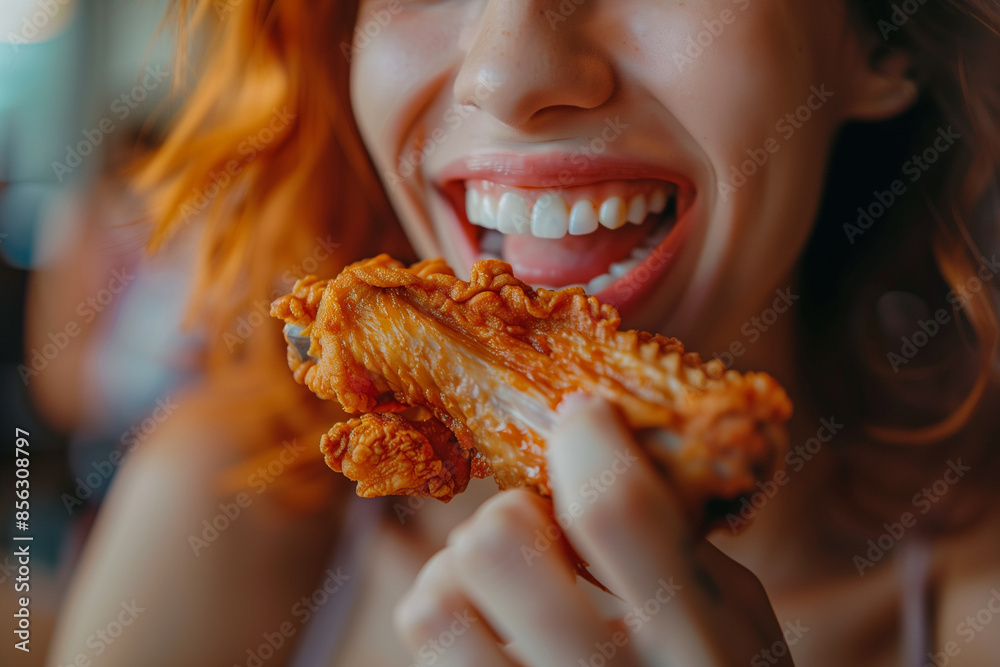 Woman eating a takeaway fried chicken wing from fast food cafe. mouth ...