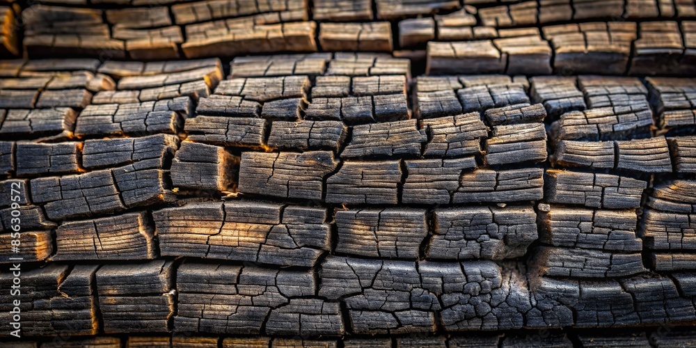 Close-up of charred wood texture with deep cracks and dark tones ...