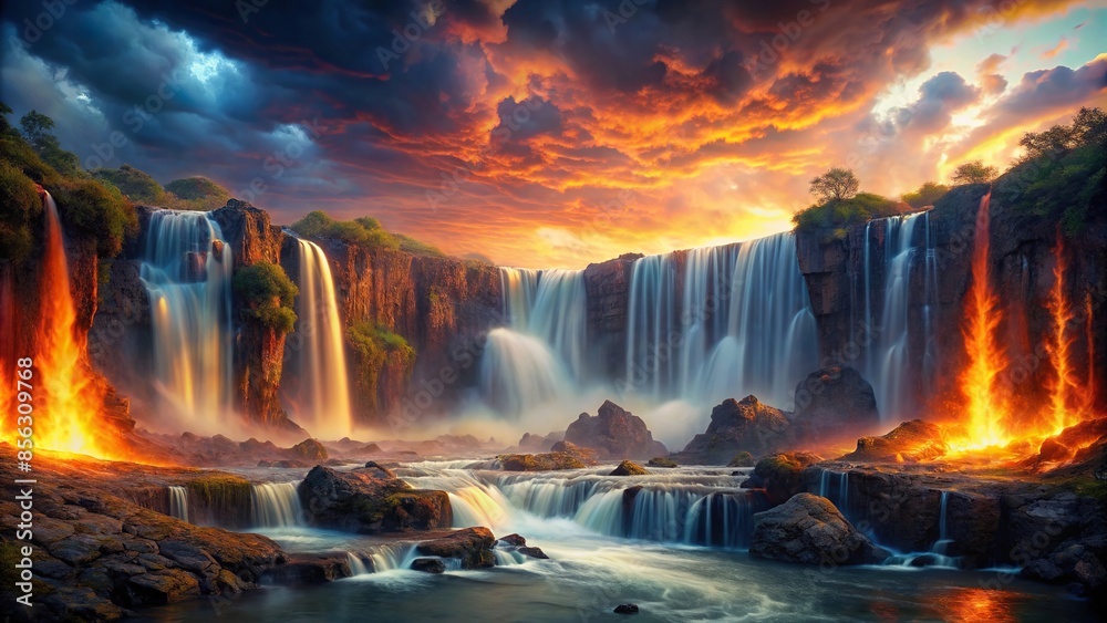 Fantasy artwork of a stunning earth waterfall and fiery elements ...