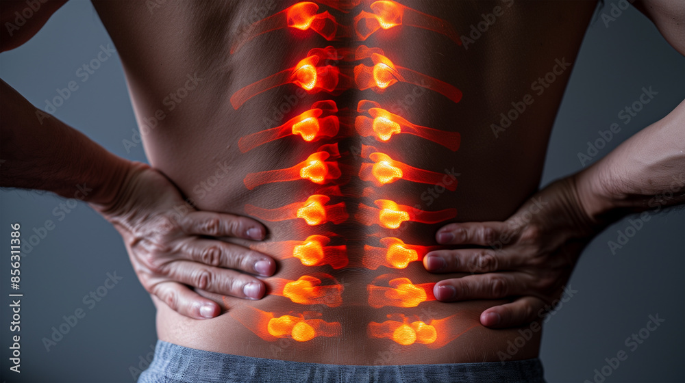 Pain in the lumbar spine and spinal cord. Human back pain, Man with ...