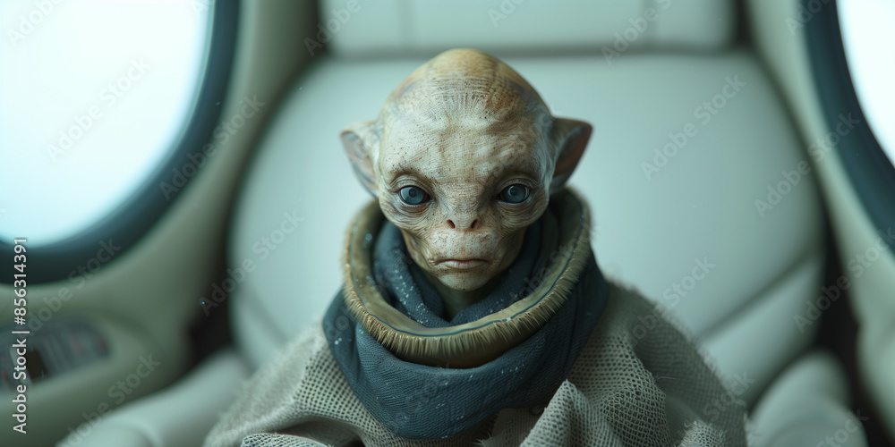 An alien creature with large eyes and a curious expression stares out ...