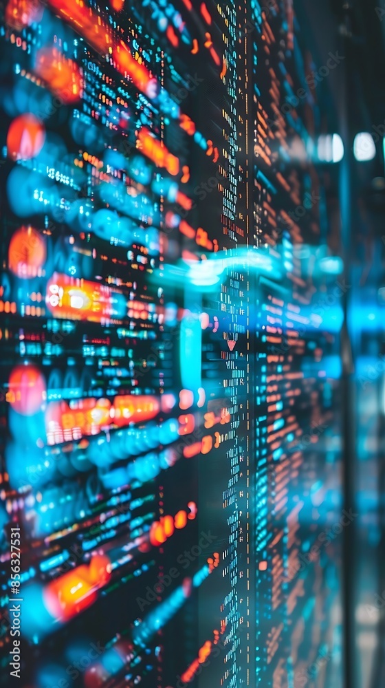 Data Visualization: Glowing red and teal code lines and numbers graph ...