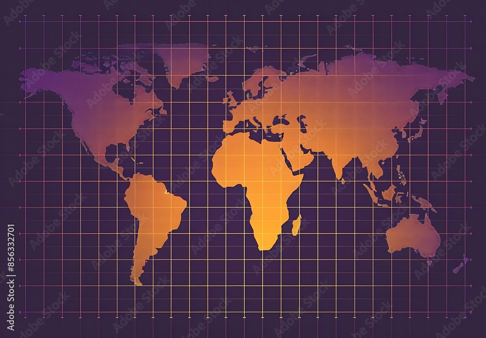 Distorted Map of the World on Purple Background with Orange Gradient ...