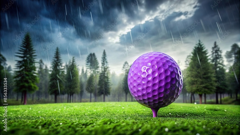 Purple golf ball standing out in the rain, surrounded by trees in a ...