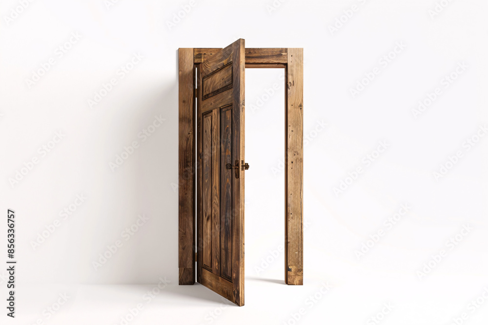 rustic wooden door is slightly ajar set against a plain white ...