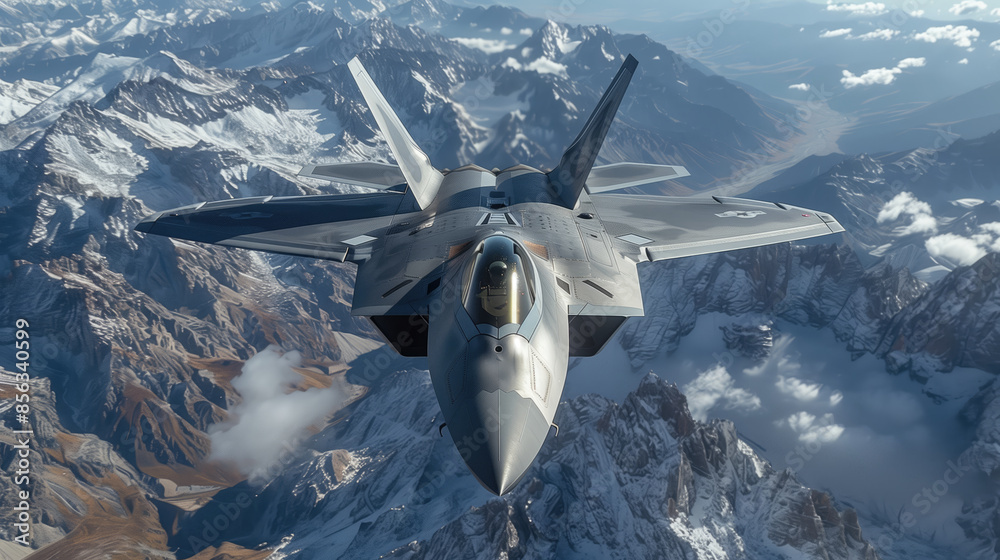 F-22 raptor fighter jet flying above snowy mountain peaks Stock Photo ...