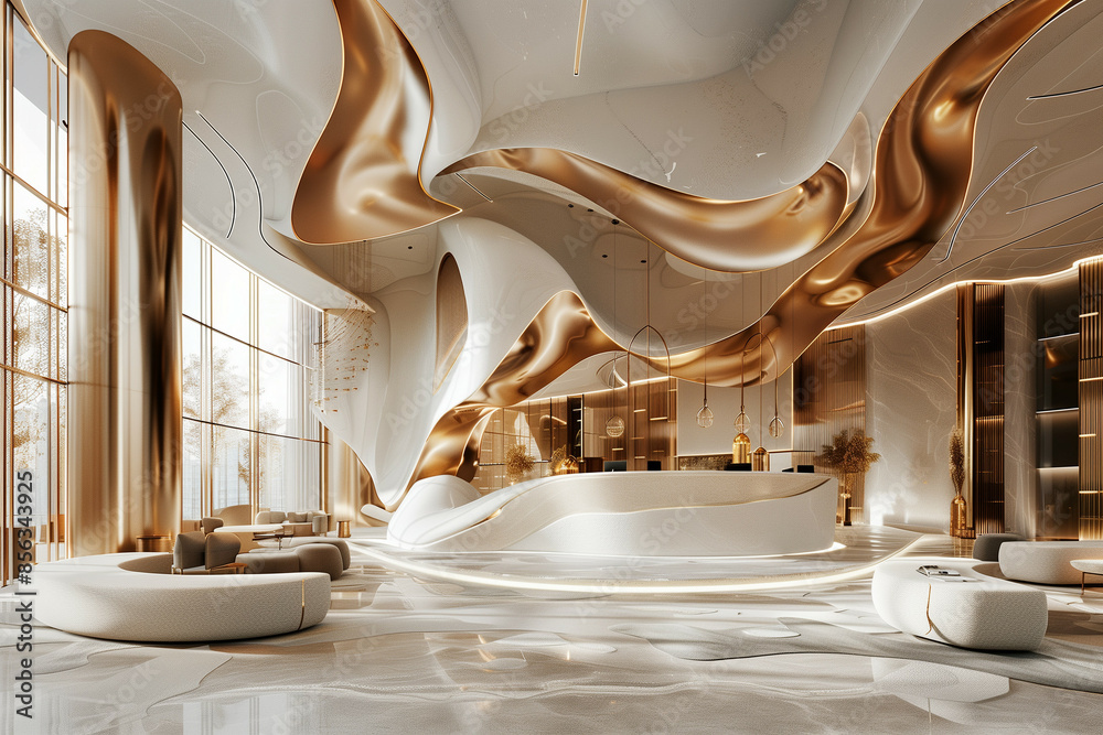 An Opulent Interior of a Modern Luxury Hotel Lobby Featuring Fluid ...