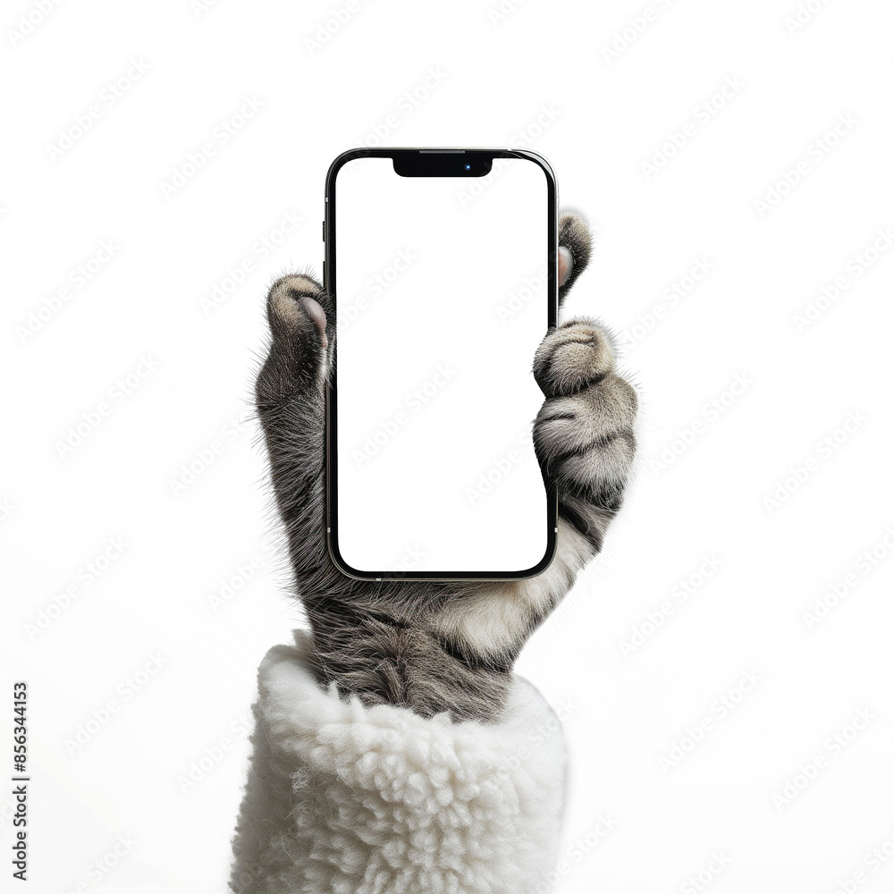 Pata de gato sosteniendo un teléfono móvil moderno. Maqueta de teléfono ...