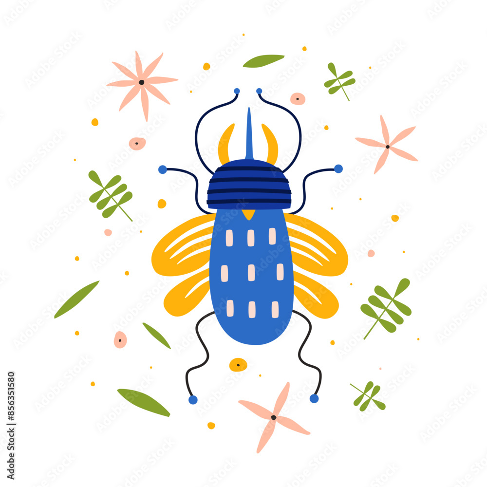 Blue beetle among leaves and flowers vector flat illustration. Funny ...