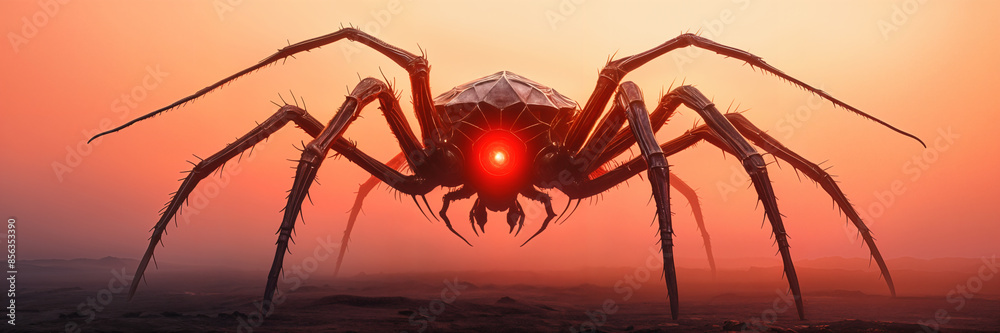 Large, spider-like creature with glowing red eye and long legs ...