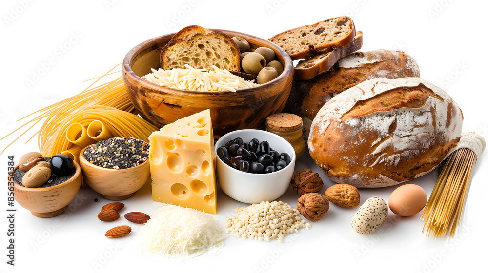 composition with food products rich in calcium isolated on white ...