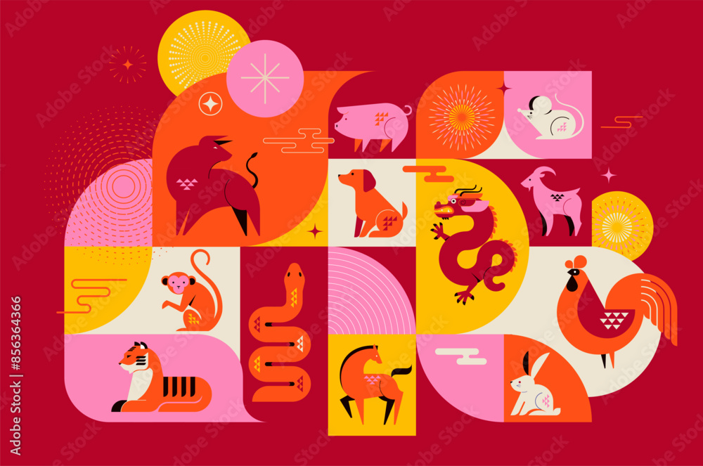 Chinese horoscope zodiac concept design, poster, banner. Geometric ...