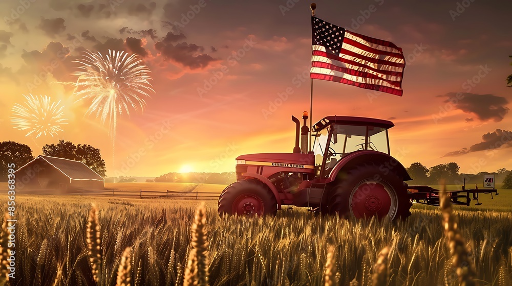 Heartland farm scene, flag on tractor, farm-style Happy 4th of July ...