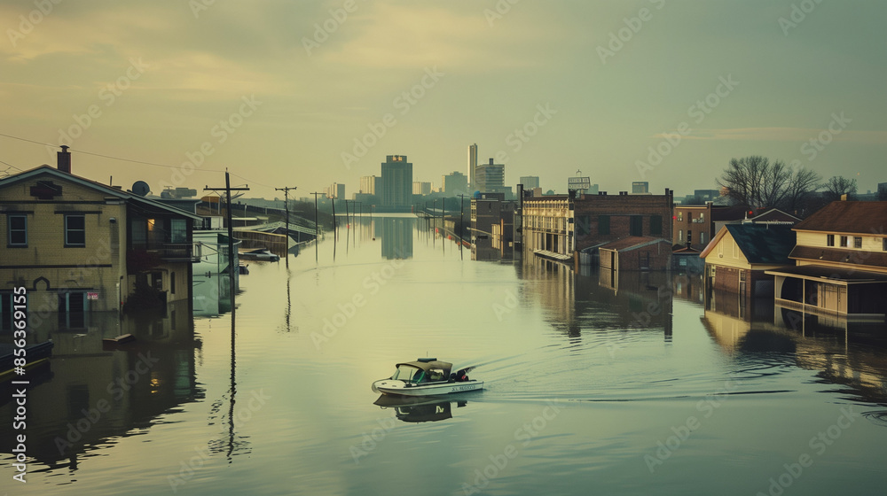 Boat navigating through a flooded city with submerged buildings at dawn ...