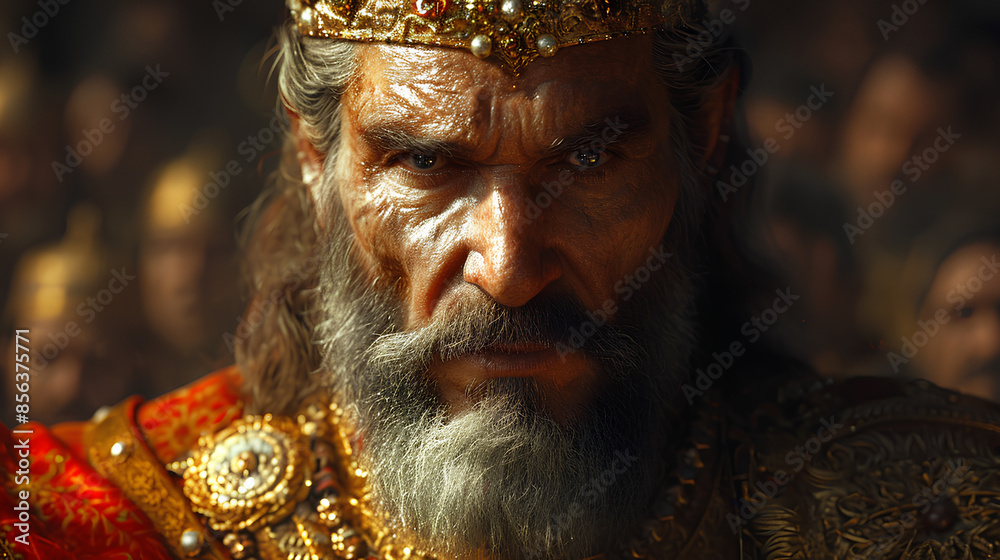 image of the ancient king David speaking, on his face reflects ...