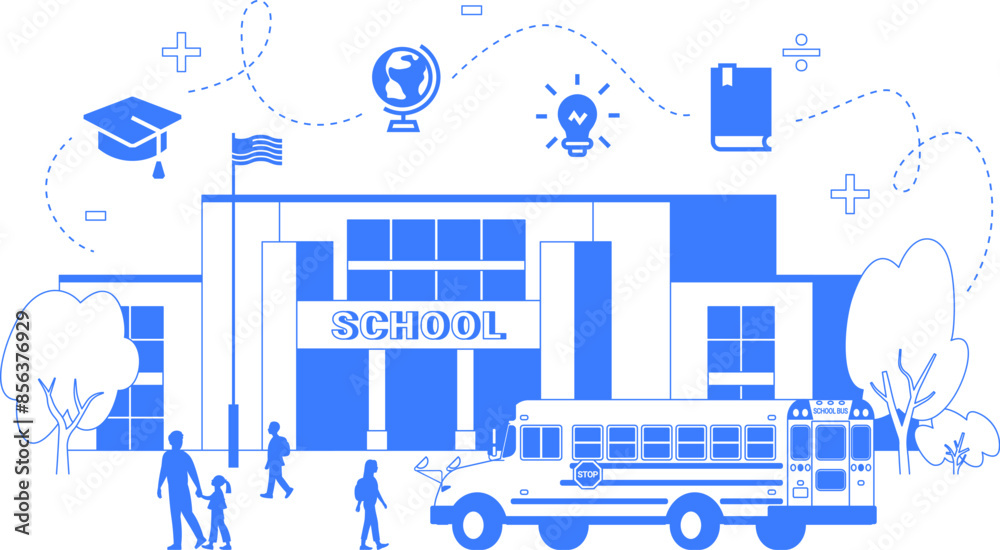 Flat vector illustration of school building, bus and children. One ...