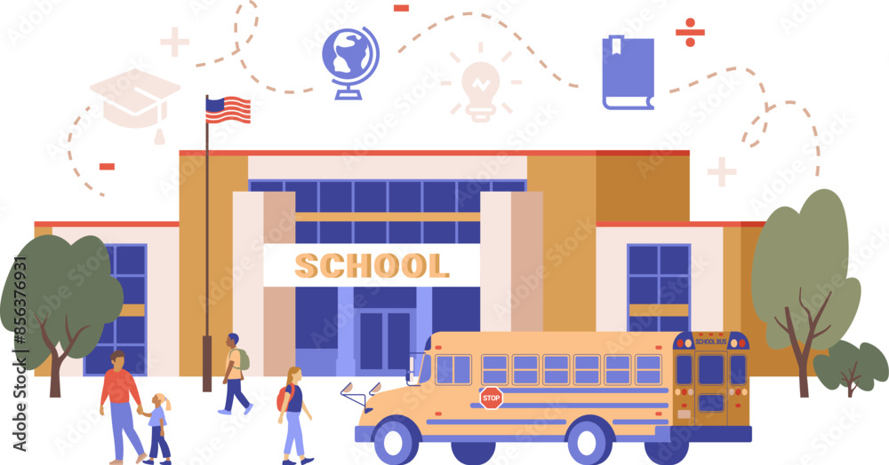 Flat vector illustration of school building, yellow bus and children ...