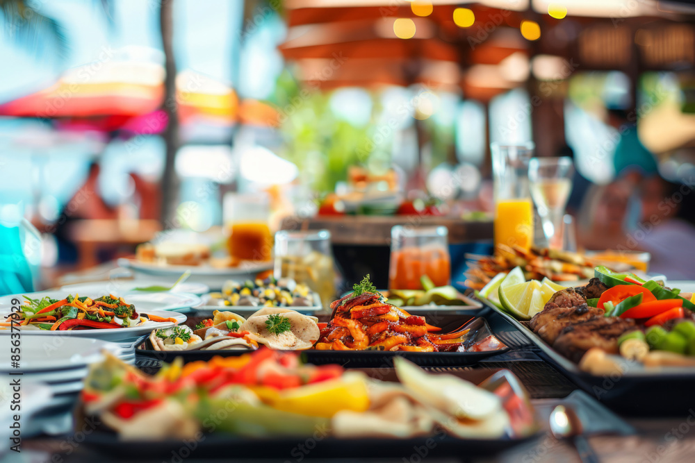 Beachside dining setup featuring a variety of food platters under a ...