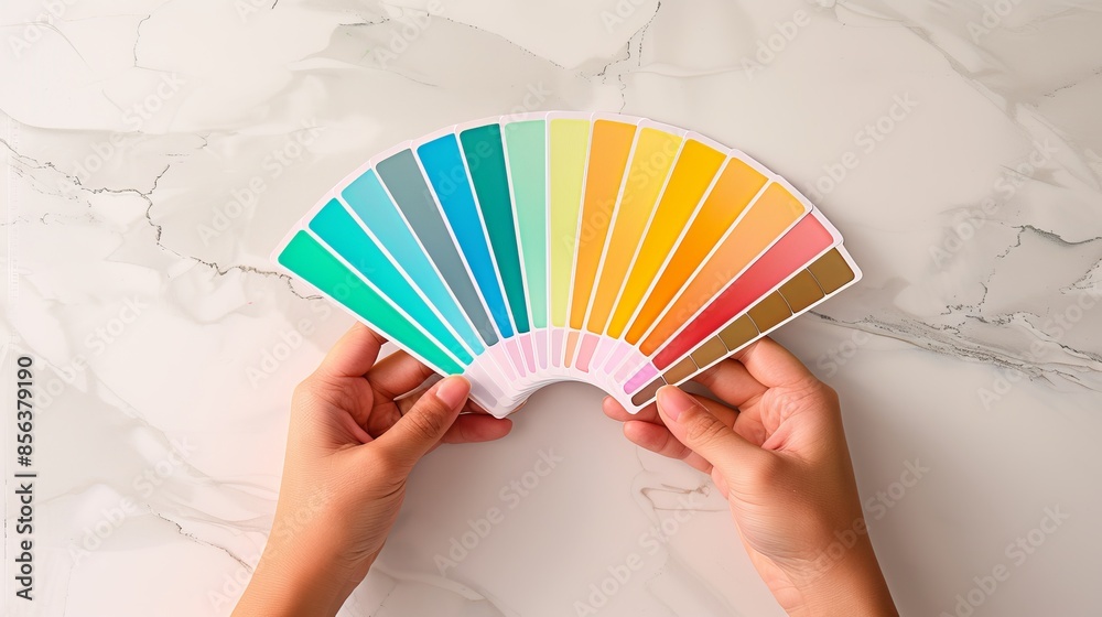 Color palette fan held by hands over marble background. Vibrant ...