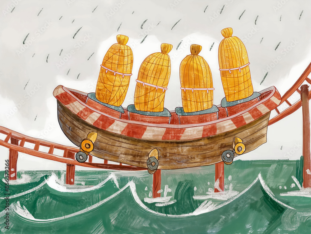 A boat is on a roller coaster with four bags of corn on it. The boat is ...