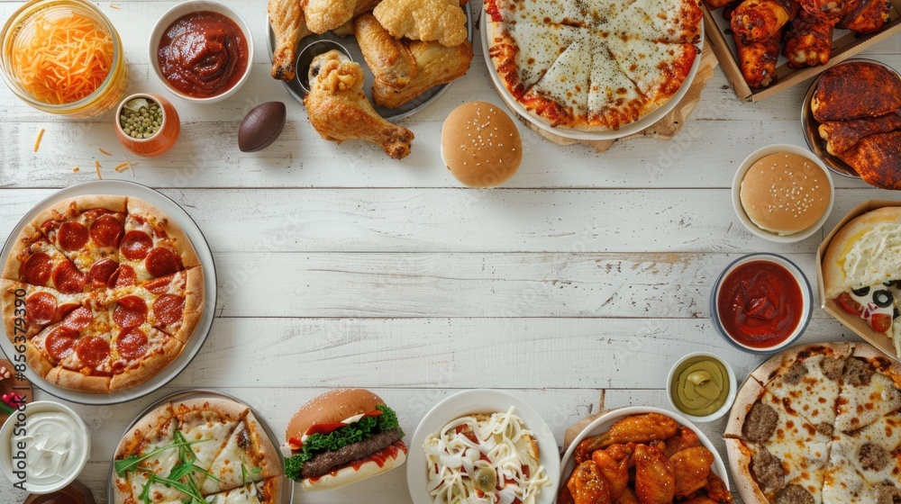 Football themed food border on white wood background. Stock Photo ...