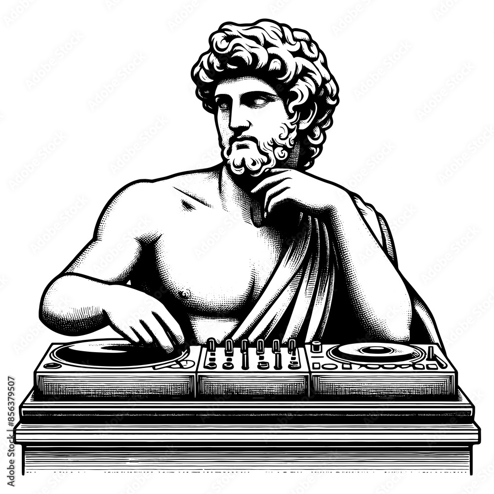 classical greek statue figure as a DJ, blending ancient art with modern ...