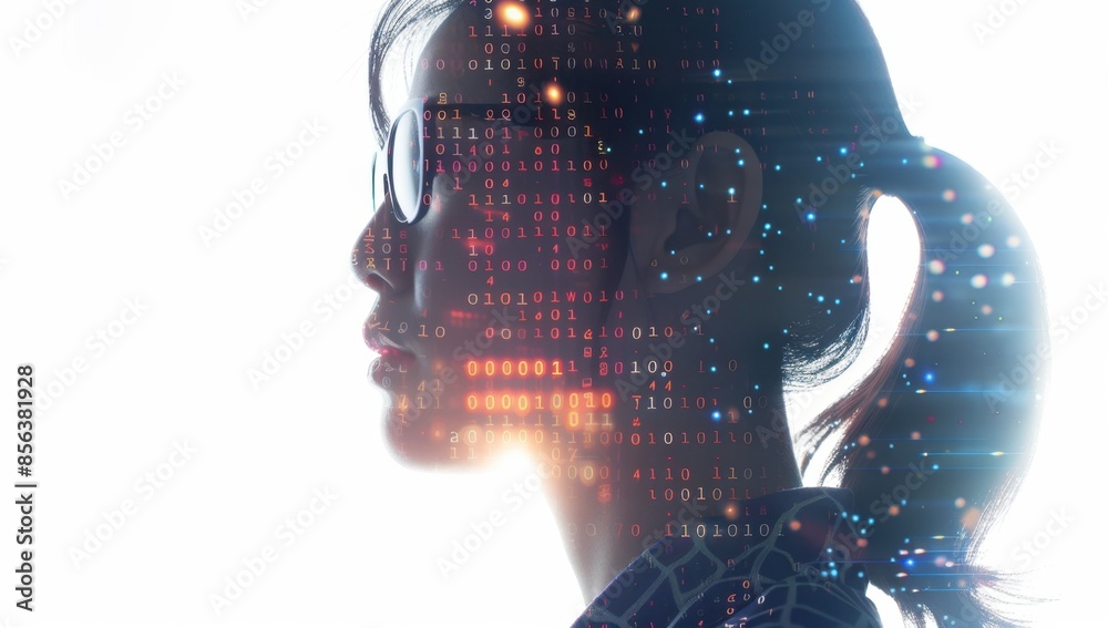 A side profile of an AI model, its digital brain visualized as glowing ...