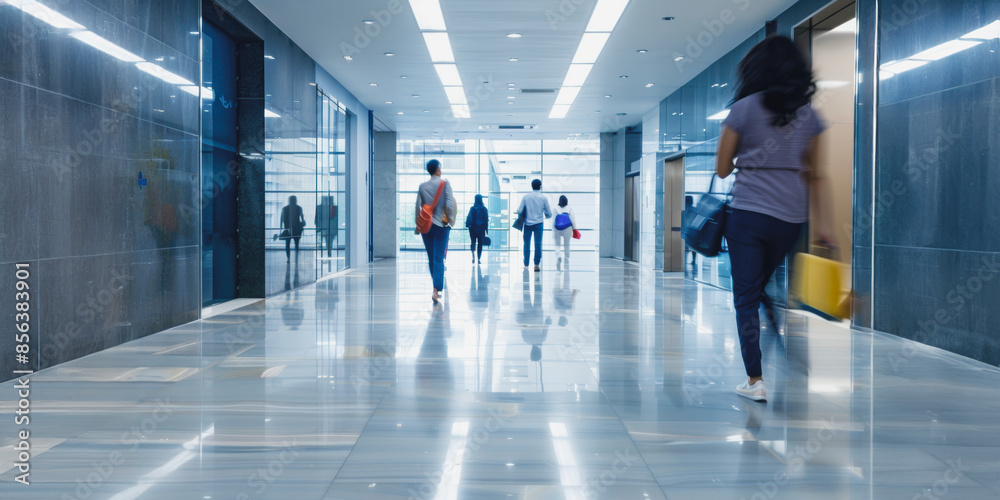 Business people rush through office building corridor during busy hour ...